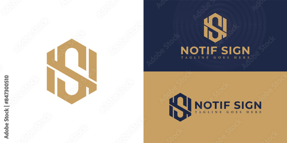Abstract initial hexagon letters NS or SN logo in gold color isolated ...