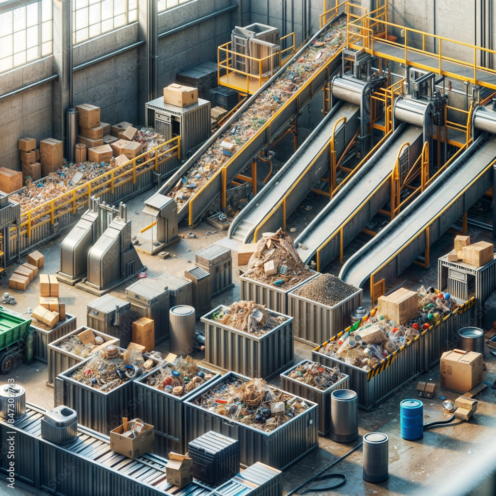 closeup of Waste sorting facility with conveyors bins and recycling for ... closeup of Waste sorting facility with conveyors bins and recycling for ...