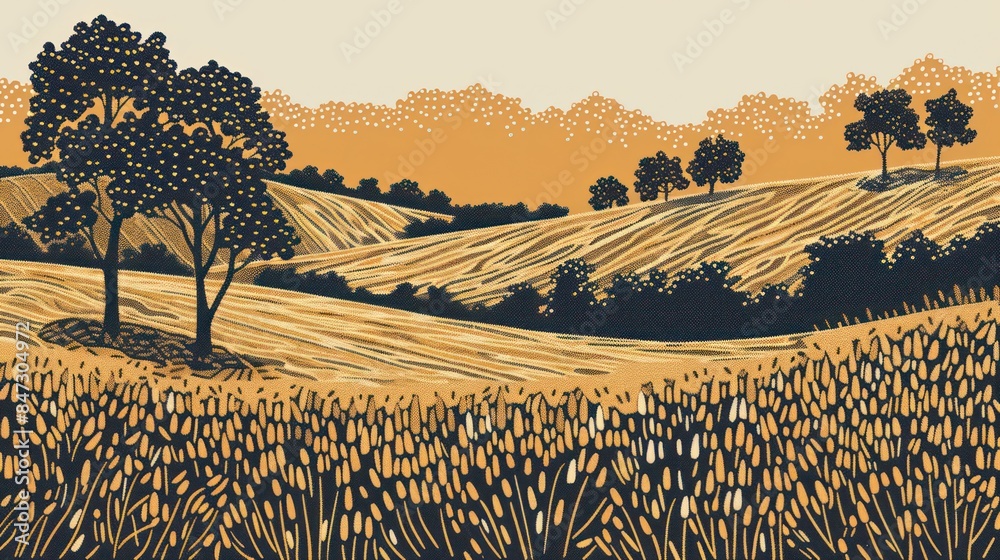rural scene illustration with rolling hills, trees, and a field ...