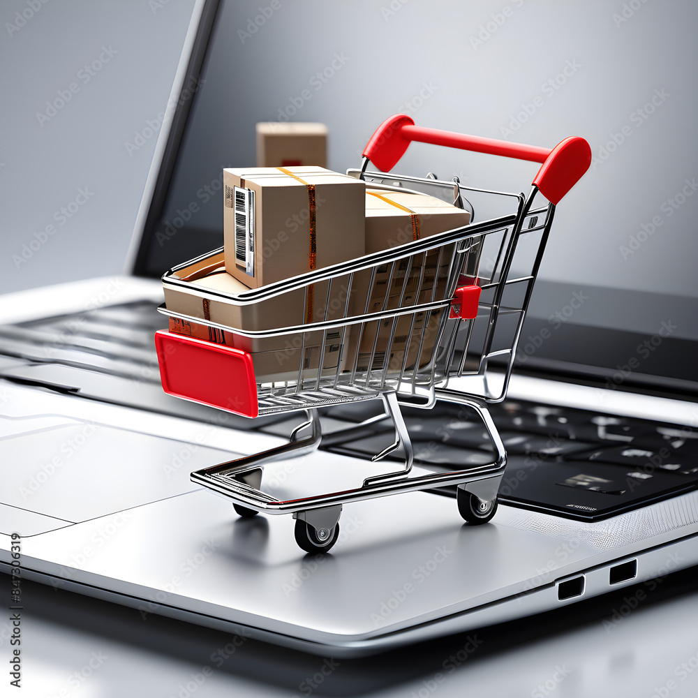 Digital Shopping Cart and Packages on a Laptop Stock Photo | Adobe Stock