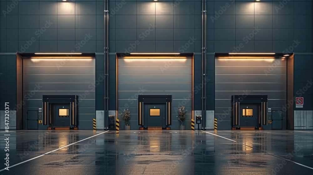 Modern industrial warehouse loading docks illuminated at night. Clean ...