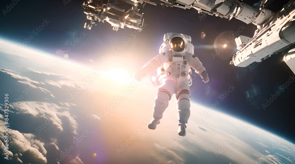 An astronaut jumps out of a spaceship into outer space. The animation ...
