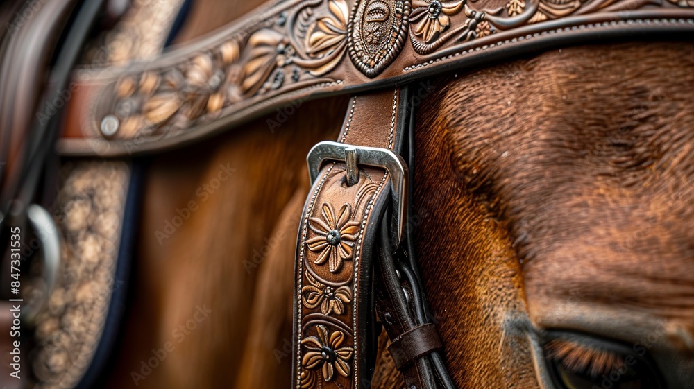 This detailed photograph captures the craftsmanship of a horse's ...