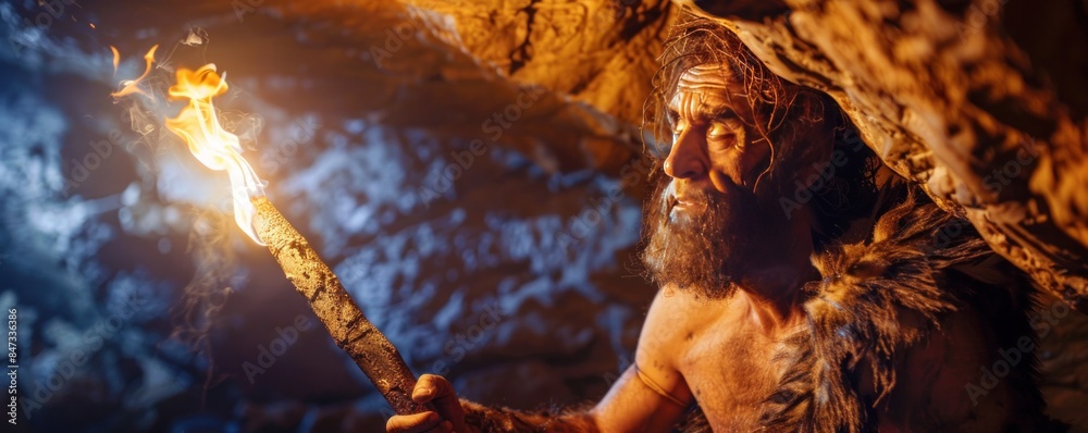 Caveman holding torch, exploring dark cave, prehistoric adventure ...