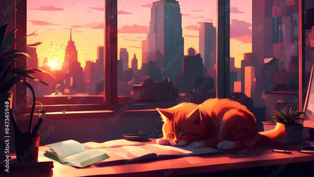 Cityscape sunset cozy desk with a sleeping cat, lo-fi animated cartoon ...