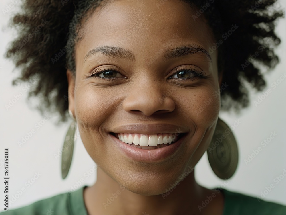 Rostro de mujer afroamericana, sonriendo, mirando al frente sobre fondo ...