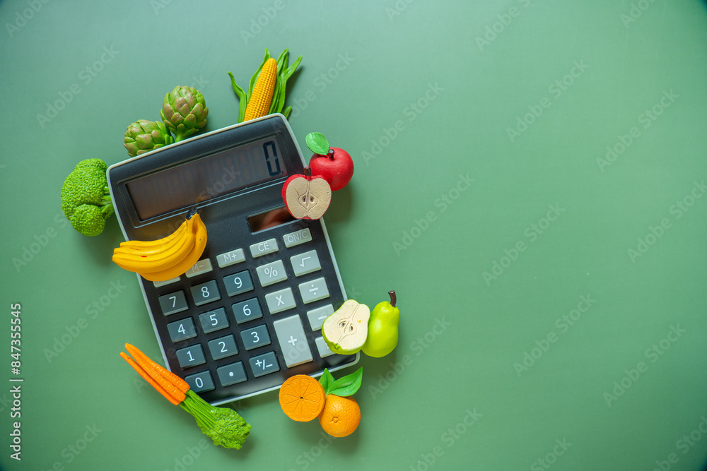 Cost of food.Rising food prices. Calculator and vegetables fruits deco ...