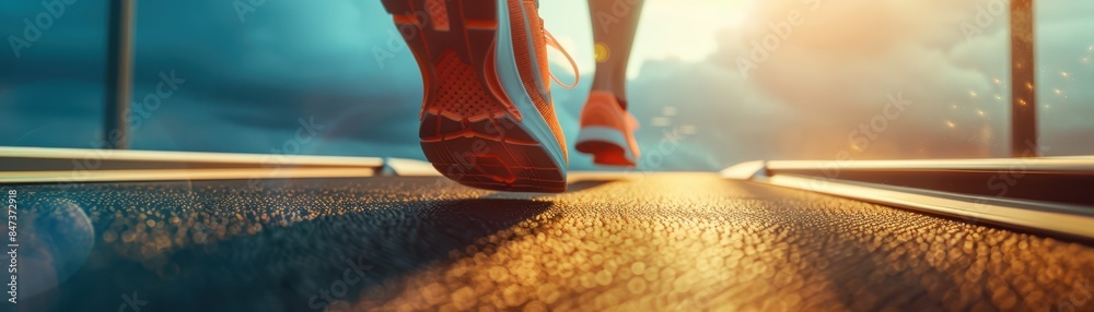 Dynamic running scene on a treadmill under warm light, capturing motion ...