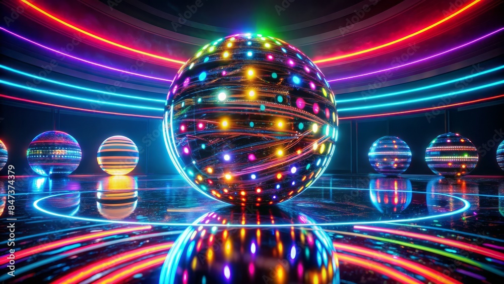 ภาพประกอบสต็อก Vibrant led neon lights illuminate a dark black ...