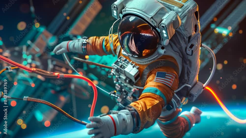 Astronaut floating in a neon-lit space environment with vibrant colors ...