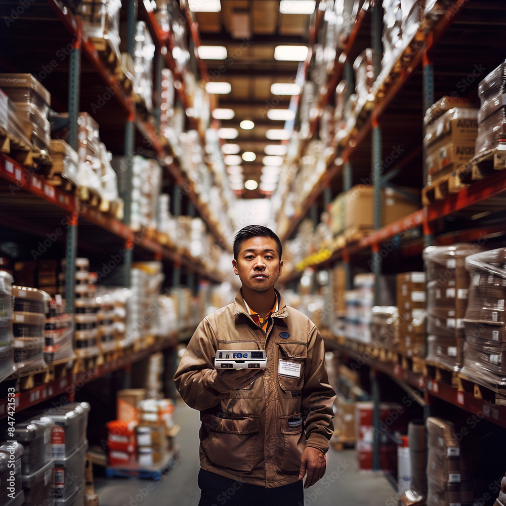 Man in warehouse employee in a distribution warehouse is seen ...