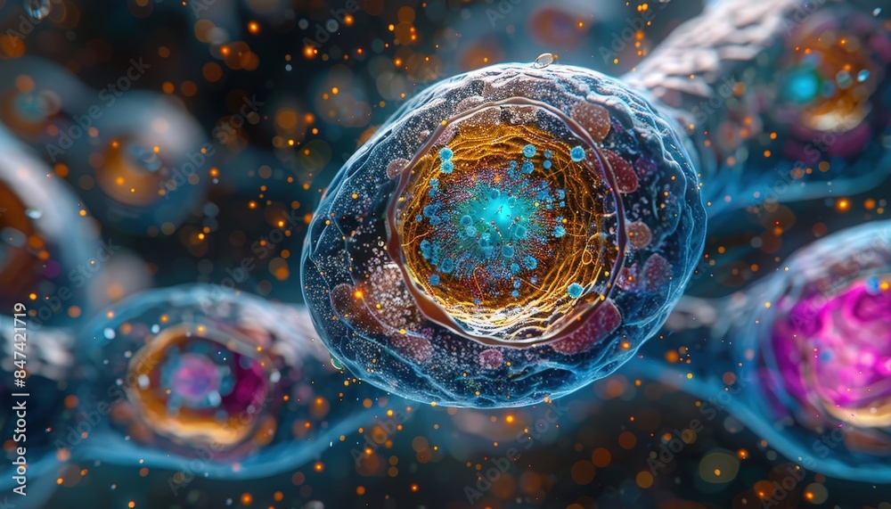 Detailed view of intricate biological cells with vibrant colors and ...