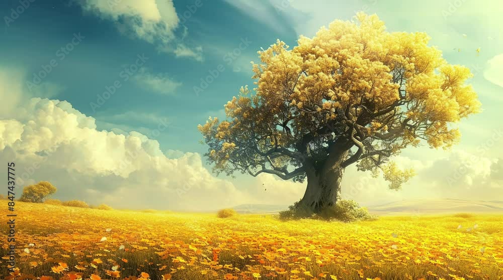 Majestic oak tree standing tall on a golden grassland under the bright ...