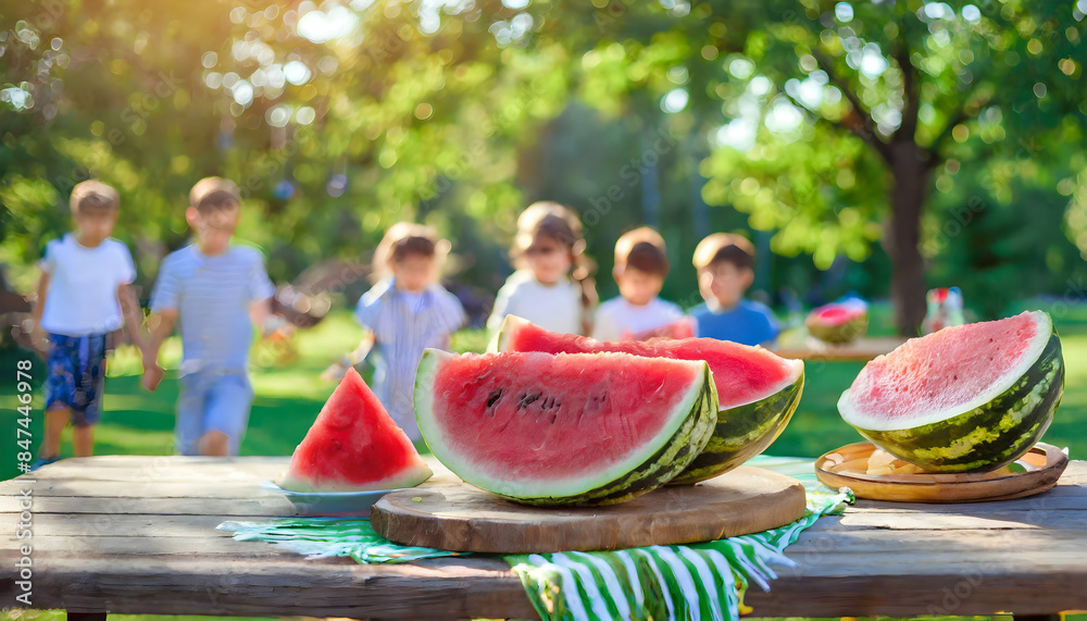 Watermelon on table and summer background of park.Fresh watermelon ...