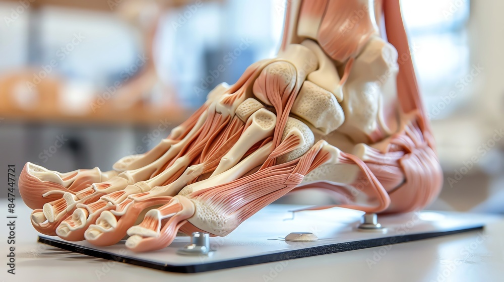A detailed model of the foot's musculature and tendons, displayed on a ...