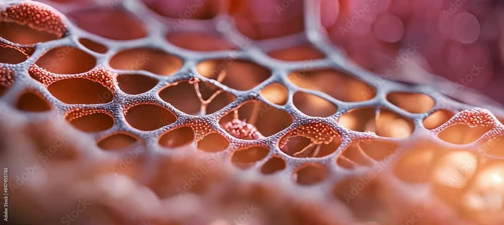 A microscopic view of alveoli in the human lung, showcasing the ...