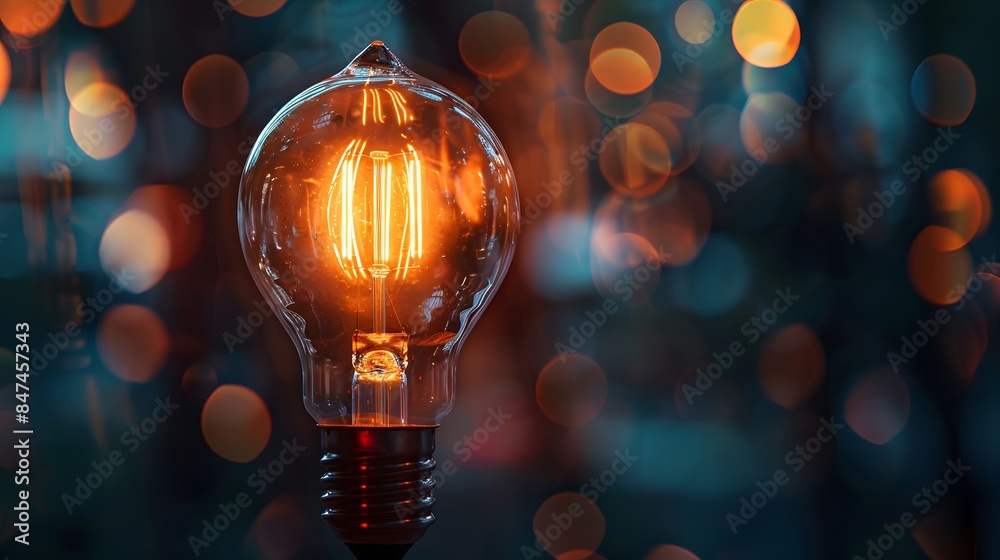glowing amber light bulb illuminates in front of a blurred city lights ...