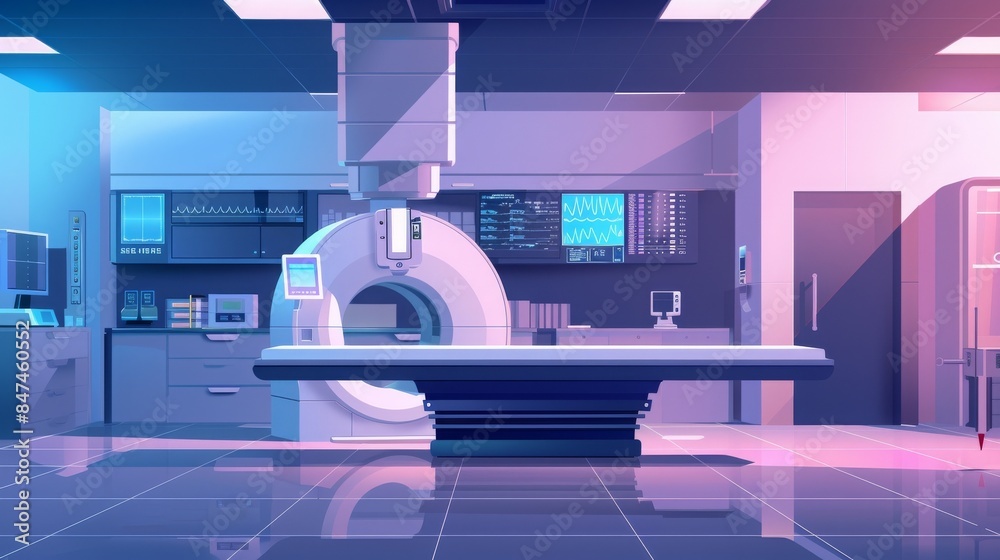 Modern MRI scan room with advanced medical imaging equipment in a clean ...