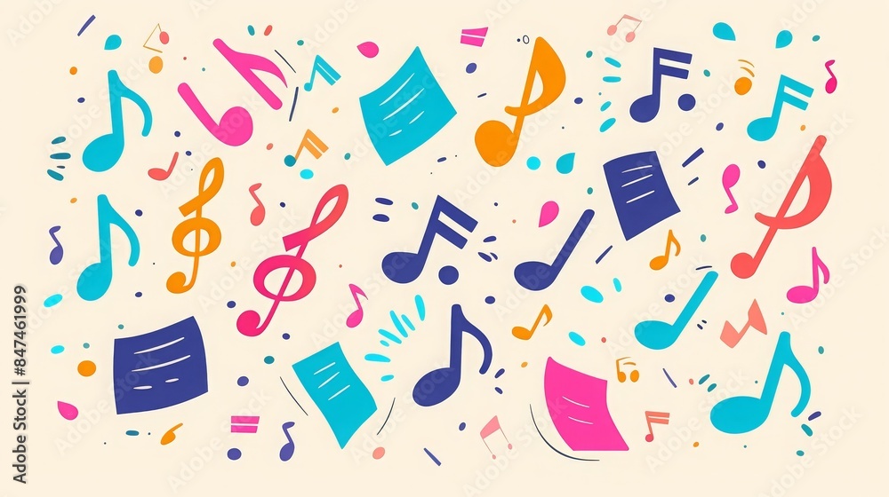 Colorful musical notes pattern on a beige background with various ...