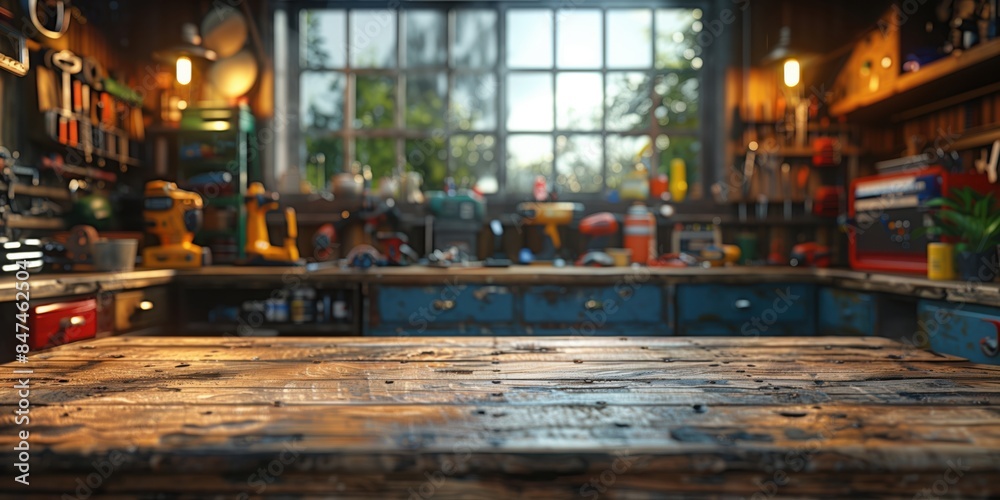 Rustic workbench in tool-filled workshop. Rustic workbench in a tool ...