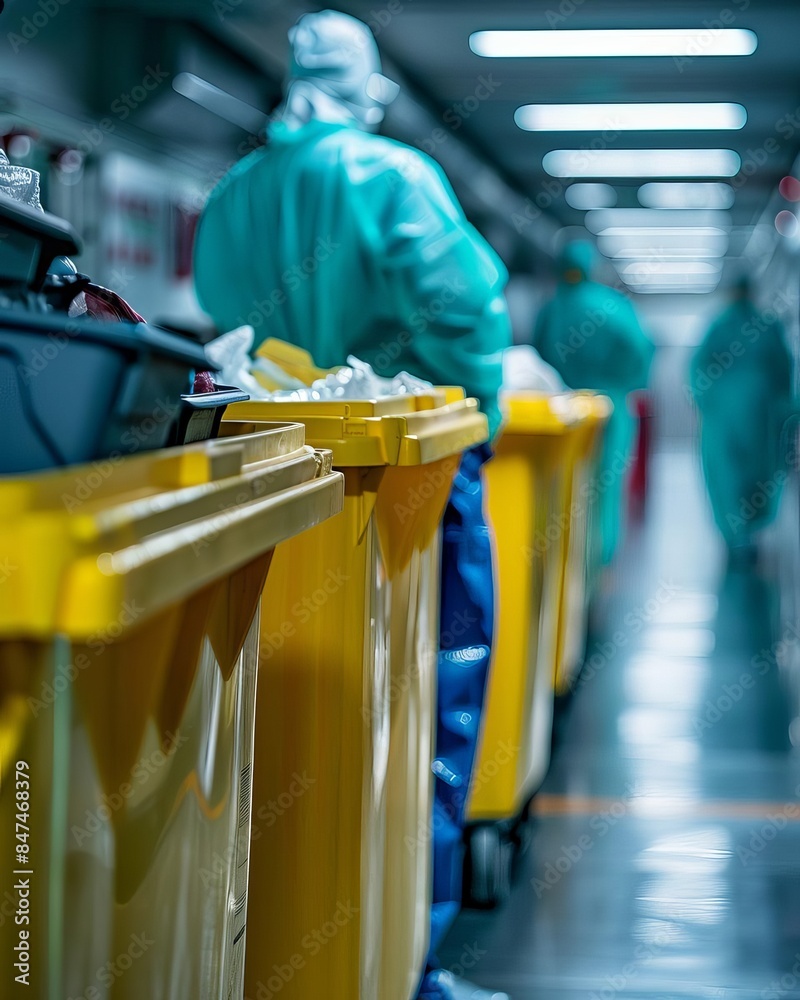 Medical professionals managing healthcare waste in a hospital corridor ...