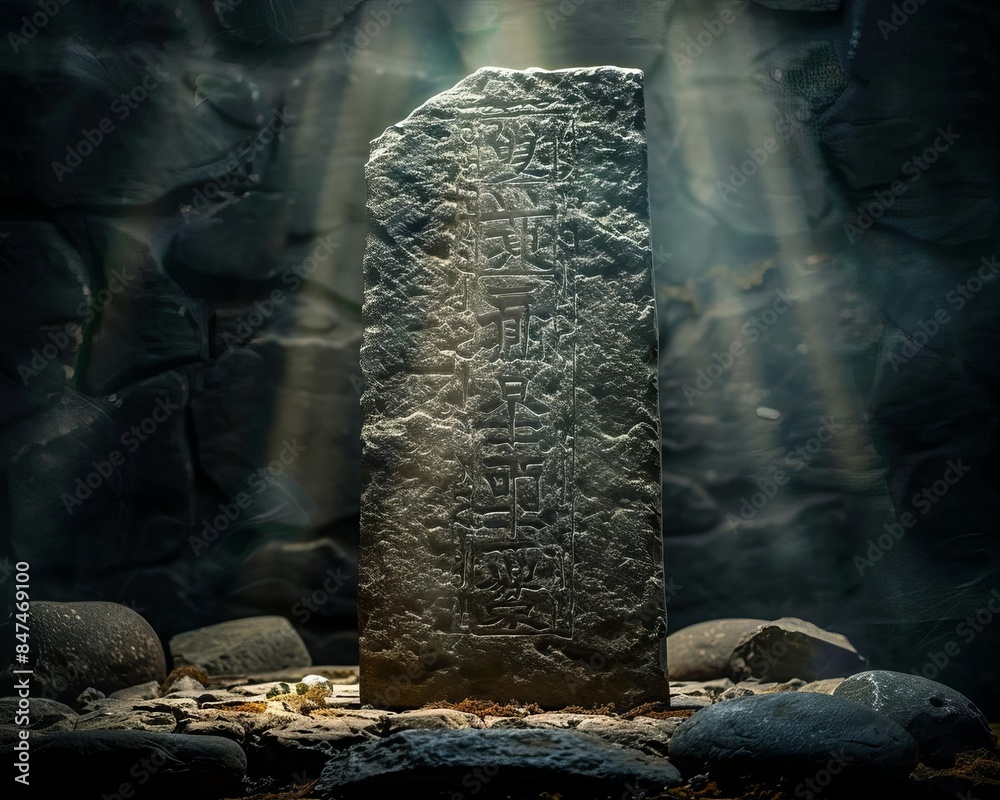 Ancient rune stone illuminated by rays of light in a dark, mystical ...