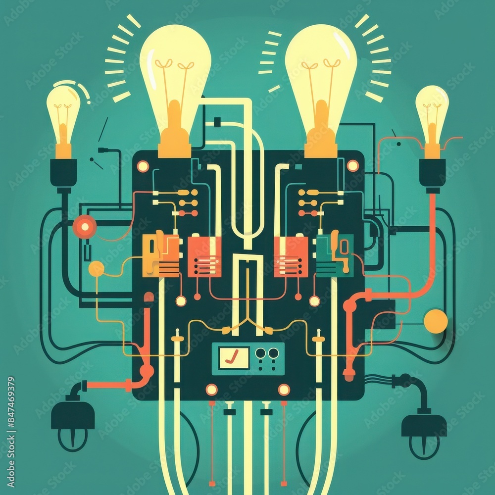 Illustration of a complex electrical circuit with light bulbs and ...