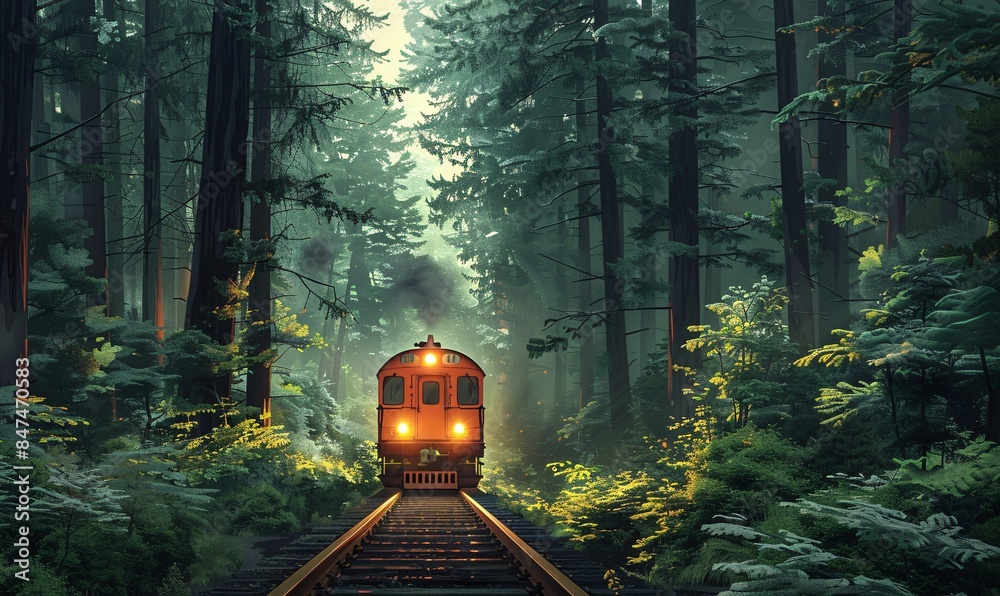 Through the thick of it: Train journeying amidst towering trees, a ...