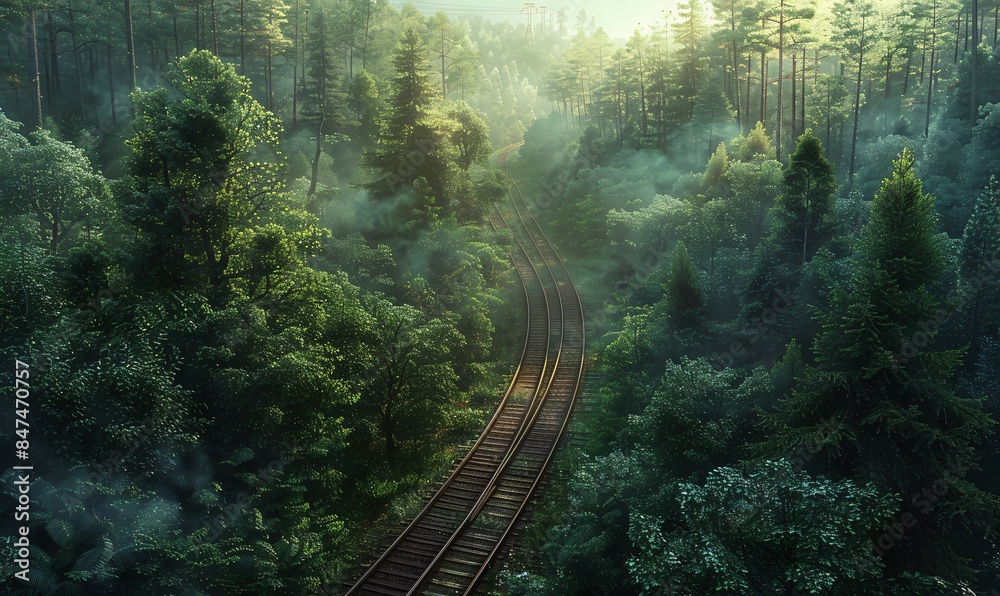 Train journey through dense forest: Rails winding amid towering trees ...