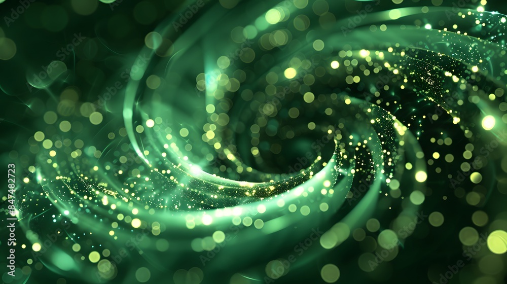Green shiny sparks of spiral wave. Curved bright speed line swirls ...