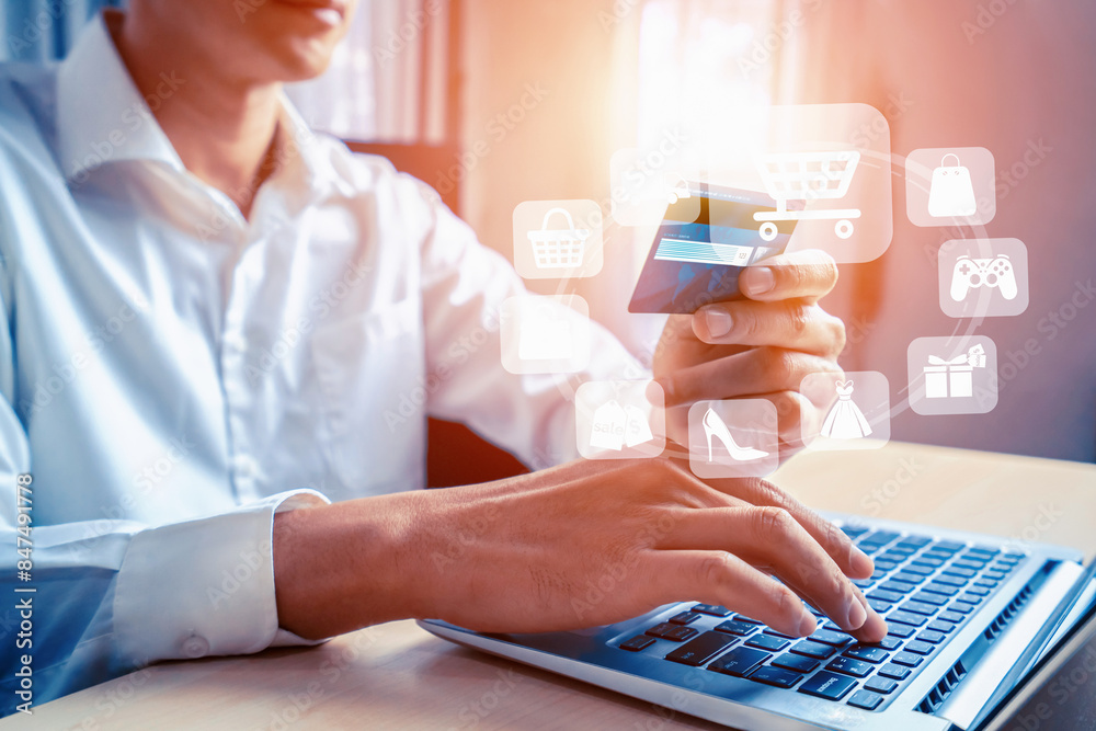 Elegant customer hold credit card with hologram interface choose online ...