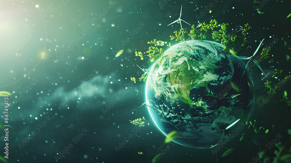 A digital rendering of Earth with green energy symbols like wind ...