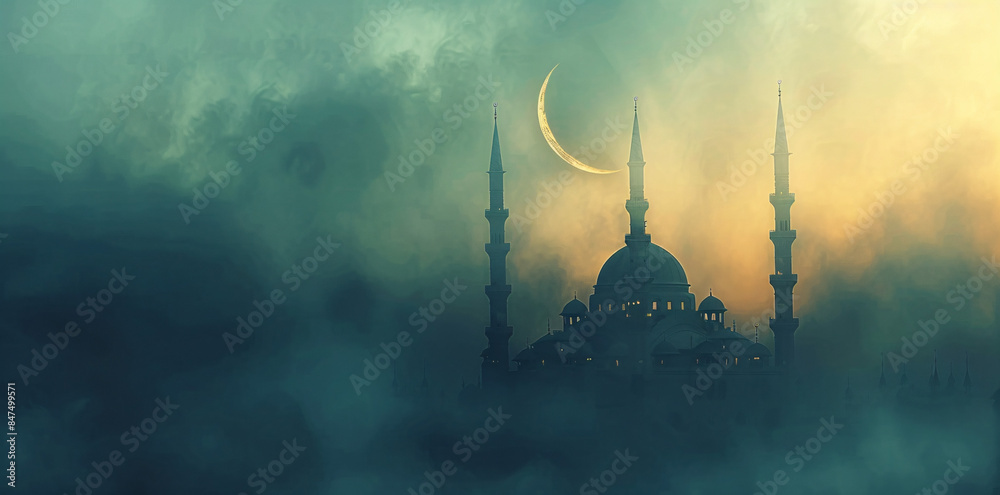 Elegant Islamic background featuring a misty silhouette of a mosque ...