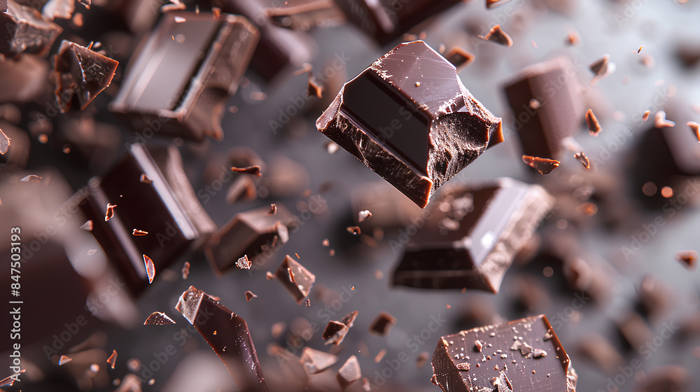 Various types of chocolate falling with choc flake in the air isolated ...