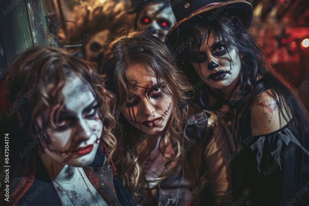 Group of friends in a haunted house setting dressed as witches ...