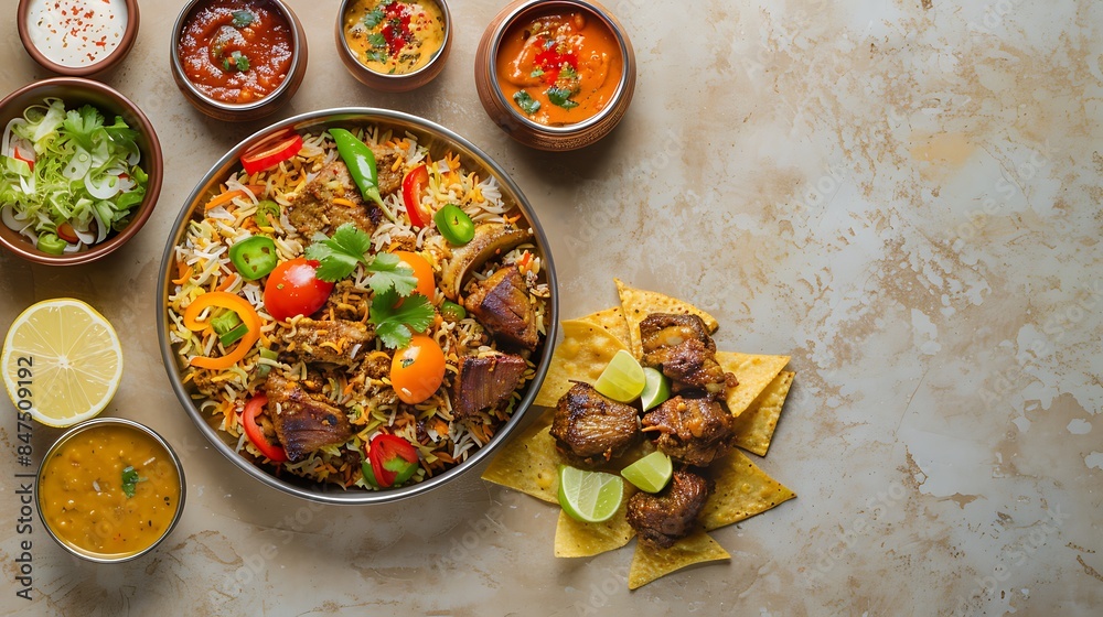 Mutton biryani thali set with korma karahi mixed vegetable of aloo gobi ...