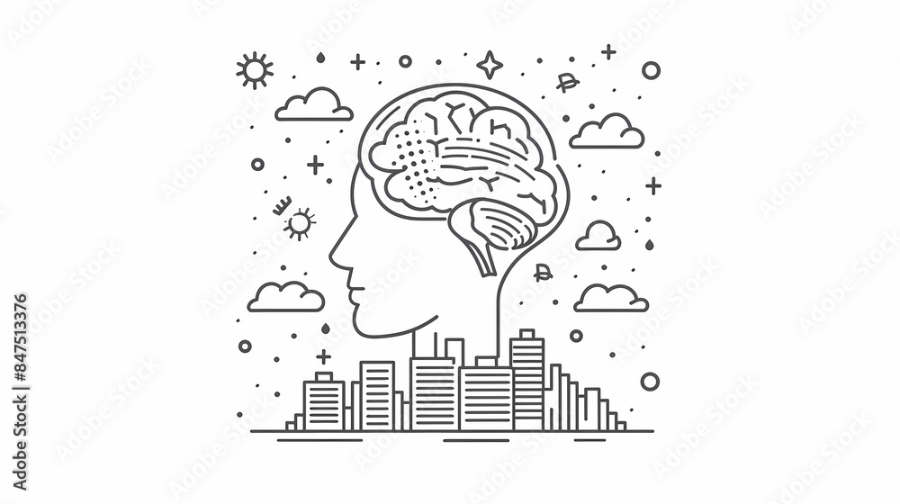 Illustrative concept of human brain and mental processes over a ...