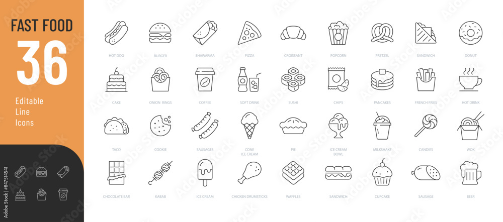 Fast Food Editable Icons set. Vector illustration in modern thin line ...