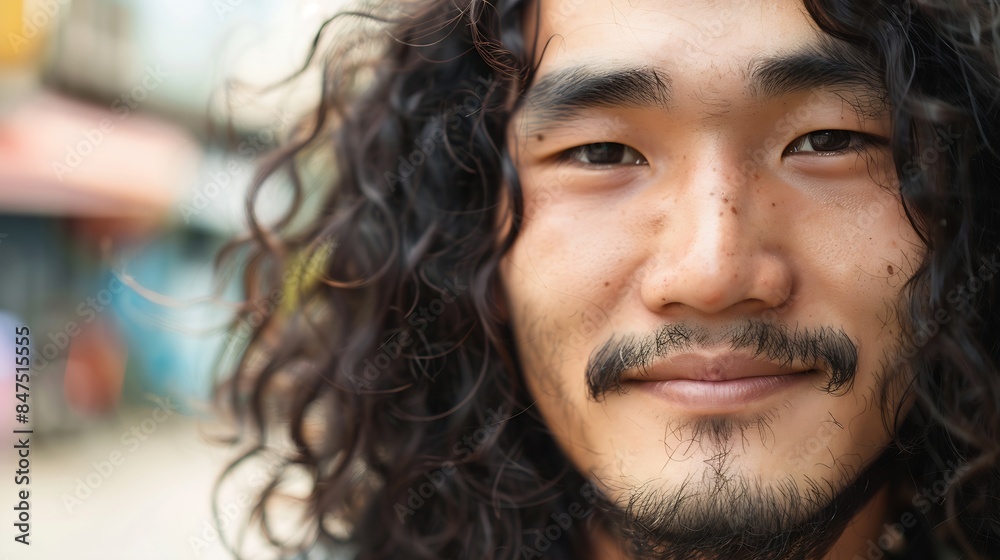 40s asian man with long curly hair look camera thailand Happy adult ...