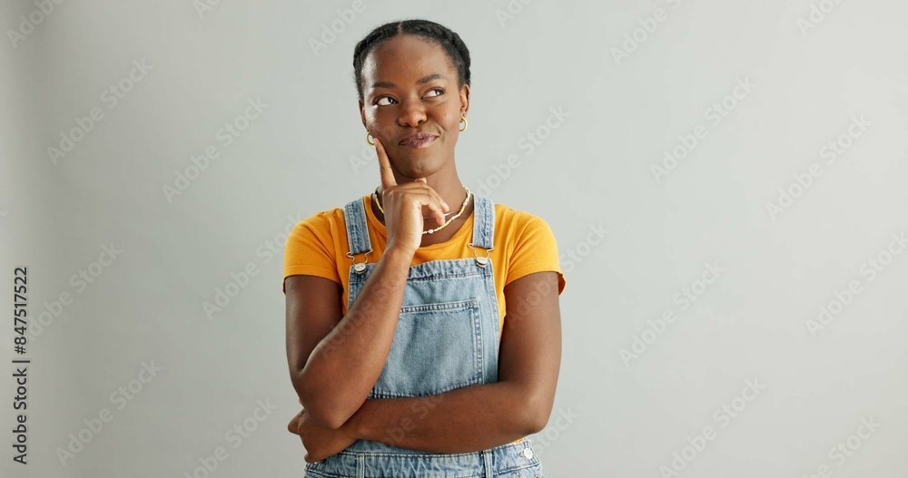 Black woman, studio and thinking of ideas for problem solving or ...
