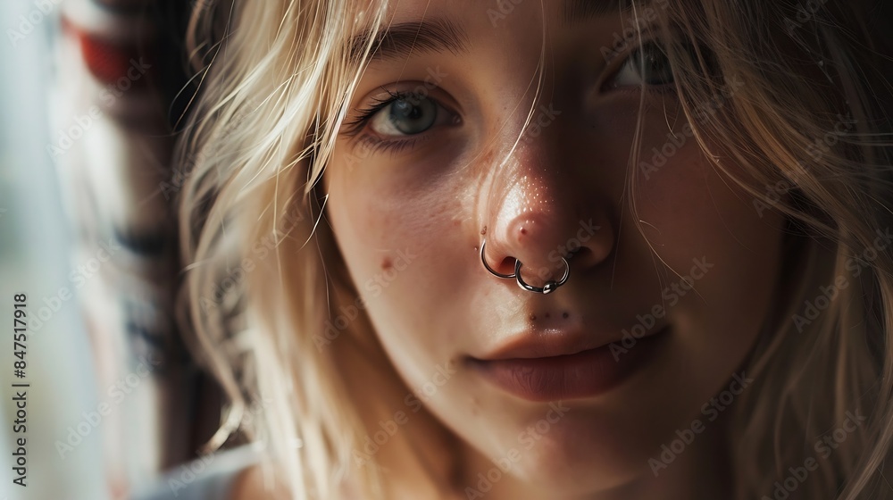 European blond woman face home portrait close up Cool hippie girl wear ...