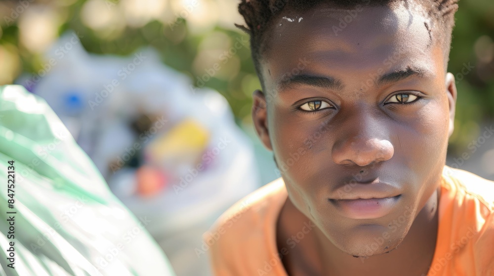 The close up picture of the african man working as garbage collector to ...