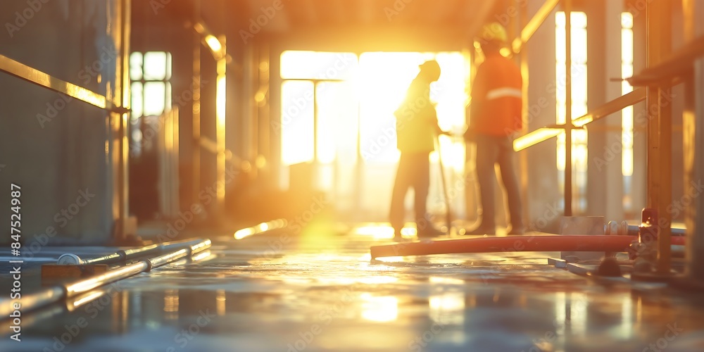 Construction Workers Installing Plumbing Industrious blurred background ...