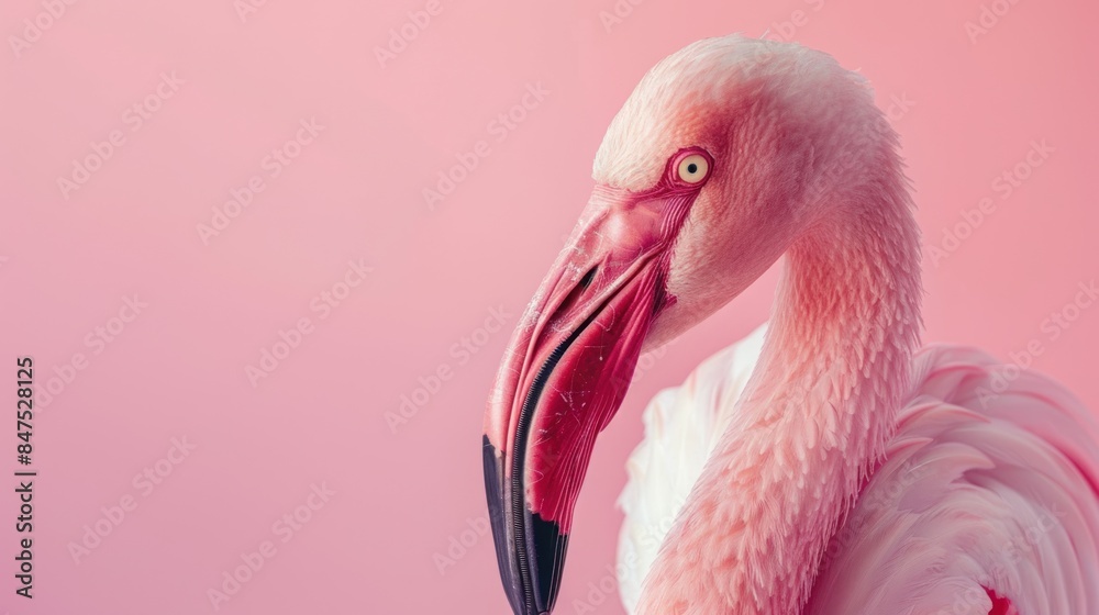 Exotic pink flamingos birds. Flamingo with rose feathers stand on one ...