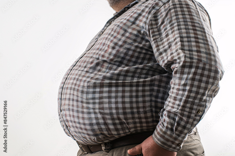 Fat belly of heavily obese man in shirt on white background Stock Photo ...