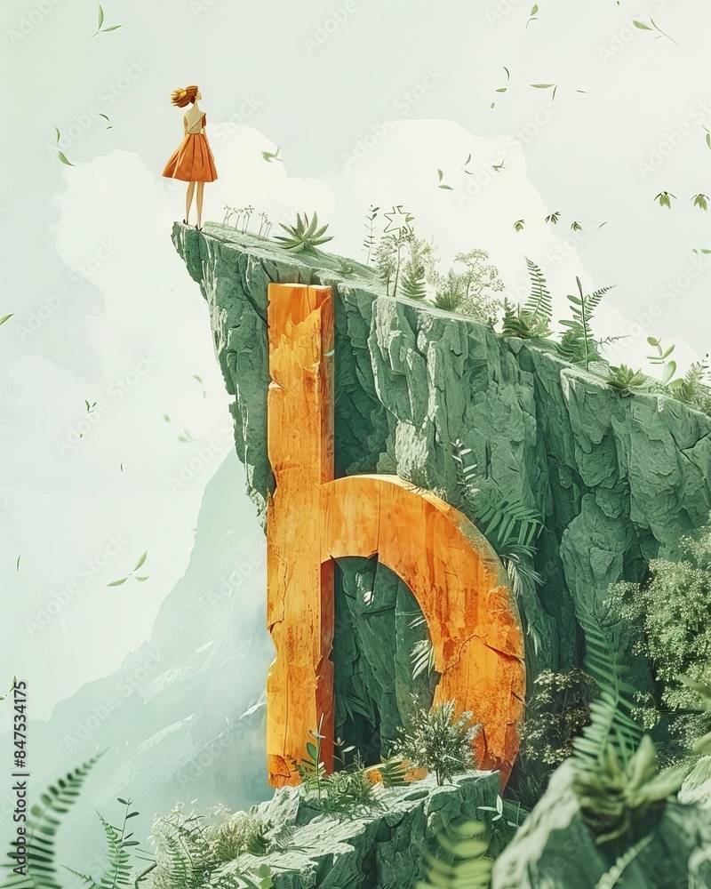 Surreal illustration of a woman standing on a cliff with a giant letter ...