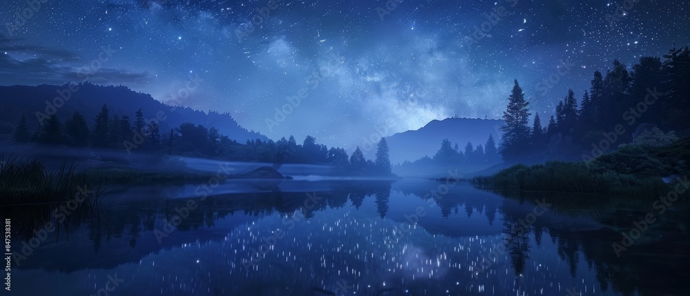 Starry night above a peaceful lake, the still water reflecting the ...