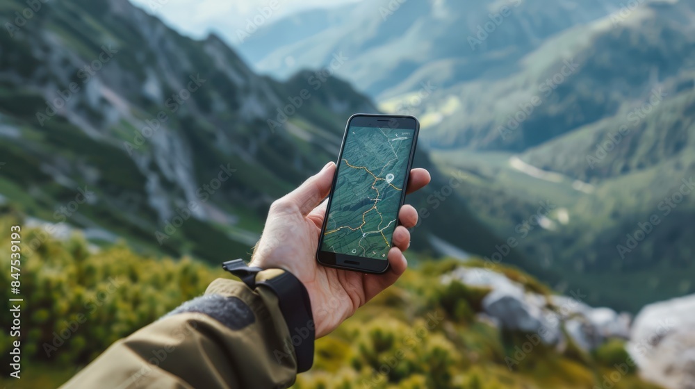 Hand holding a smartphone with a GPS map route on the screen and a ...