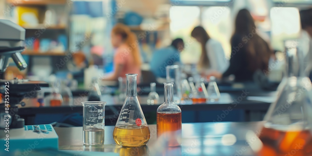 School Science Lab Busy blurred background image of students conducting ...