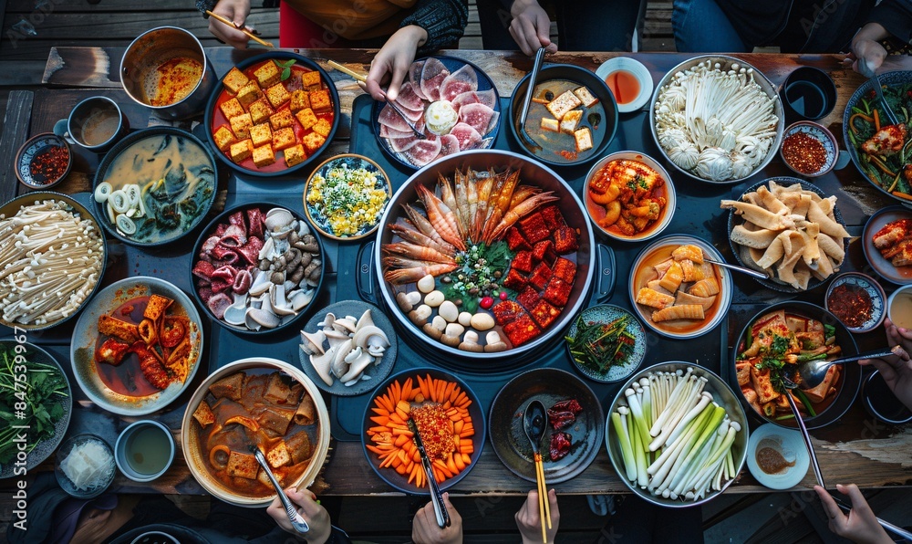 Colorful and abundant food feast at a big round table, featuring a hot ...